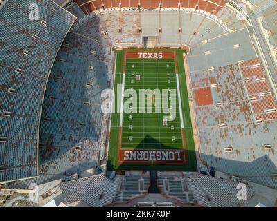 An aerial view of Darrell K Royal-Texas Memorial Stadium on the campus ...