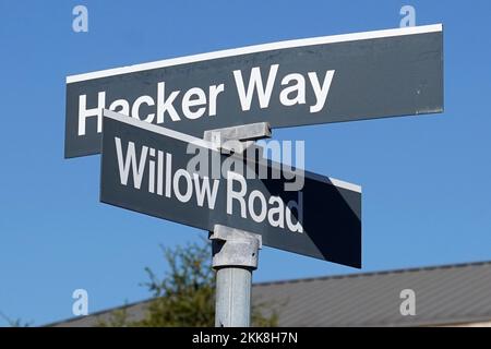 Hacker Way and Willow Road street signs at the Meta Platforms ...