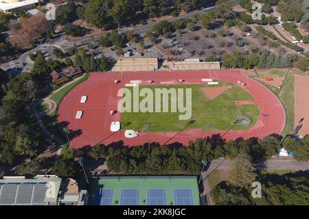 A general overall aerial view of Cobb Track & Angell Field at Stanford ...
