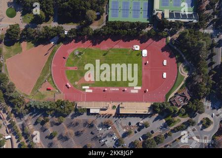 A general overall aerial view of Cobb Track & Angell Field at Stanford ...