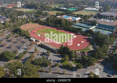 A general overall aerial view of Cobb Track & Angell Field at Stanford ...