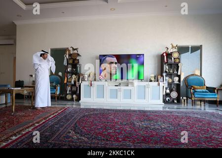 Al Ruwais, Qatar. 25th Nov, 2022. Horse breeder Fahid Mohamed from Doha ...
