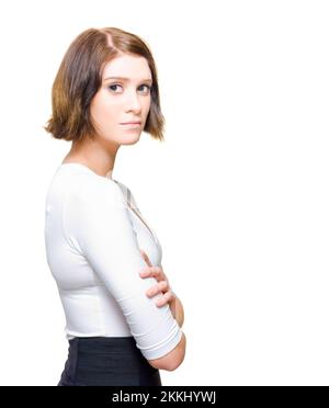 Unconfident looking woman. All on white background Stock Photo - Alamy