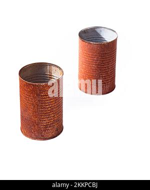 Rust tin cans isolated on white background. Rusting metal gives any ...