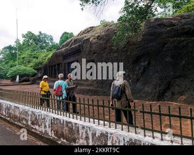 Tourist visiting Arvalem Caves excavated in to the laterite hill in 6th ...