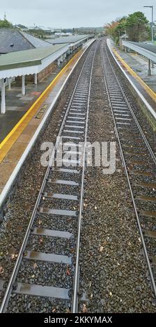 Rail track and platform on the GWR railway line at St Erth rail station ...