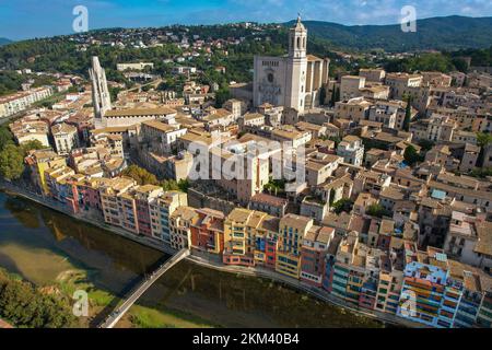 Aerial fly over above the spanish city of Girona Stock Photo - Alamy
