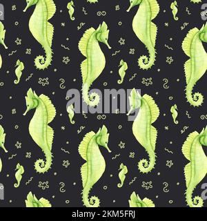 Watercolor underwater seamless pattern of seahorses on white background ...