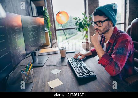 Photo of intelligent clever coder dressed hat glasses smiling arm hand ...