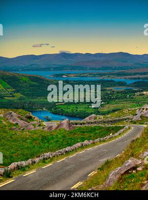 View from Healy Pass in the rugged Caha Mountains on the Wild Atlantic ...