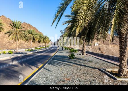 Road with palm trees. Traditional Omani architecture. Old Town of ...