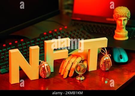 NFT inscription with ancient sculpture and an artificial arm. NFT (Non ...