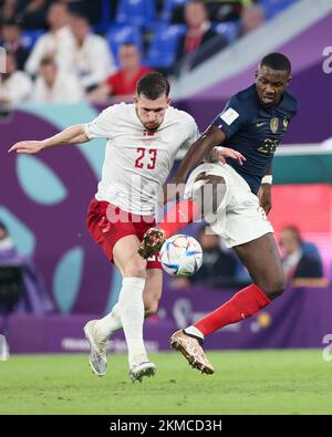 Marcus Thuram of France and Pierre-Emile Hojbjerg of Denmark during ...