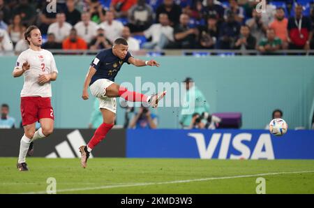 Kylian Mbappe of France shoots for goal during a FIFA Men’s World Cup ...