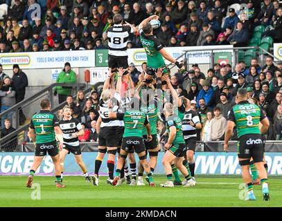 Northampton ENGLAND - :Tom Lockett wins the ball during the match ...