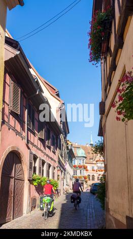 Barr, Old Town, cyclists, view to Town Hall in Alsace (Elsass), Bas ...