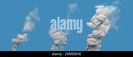 3 grey toxic smoke columns from wildfire on blue, isolated - industrial ...