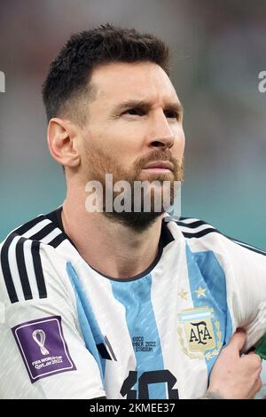 Argentina's Lionel Messi lines up on the pitch ahead of the FIFA World ...