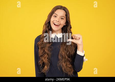 Teenager child girl point thumb herself. Choose me. Girl pointing at ...