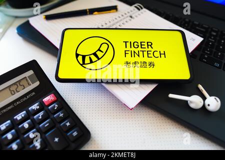 In this photo illustration, the Tiger Fintech Holding Limited logo is ...