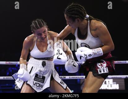 Anahi Ester Sanchez (left) and Sandy Ryan in the WBC International Super Light weight bout at ...