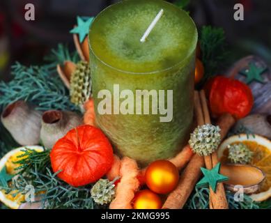New Advent wreath with real candles and Christmas decorations Stock ...