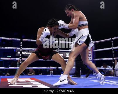 Anahi Ester Sanchez (right) and Sandy Ryan in the WBC International Super Light weight bout at ...