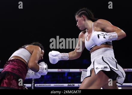 Anahi Ester Sanchez (right) and Sandy Ryan in the WBC International Super Light weight bout at ...