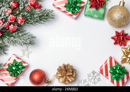 Christmas flatlay with fir tree and decorations on white backgr Stock ...