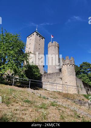 The exterior of the Starkenburg Ruin in Heppenheim, Germany with blue ...