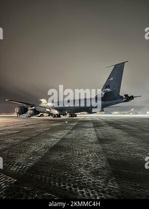 Santa’s upgraded sleigh, a 168th Wing KC-135 Stratotanker, displays the ...