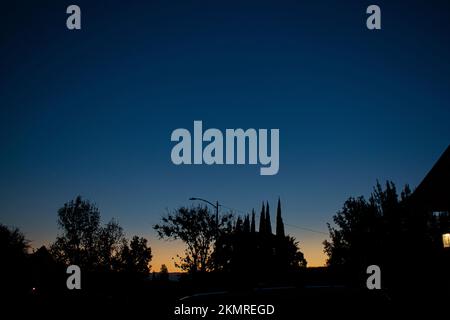 orange and navy gradient sunset with dark trees and lamp post Stock ...