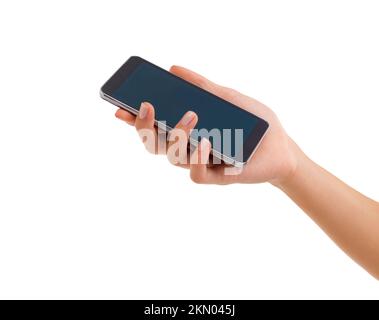 This smartphone is simple and effective. a womans hand holding a ...