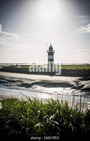 Black and white lighthouse, Kleiner Preusse lighthouse, Wremen, Wadden ...