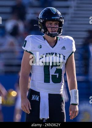 Hawaii quarterback Brayden Schager (13) runs into the end zone for a ...