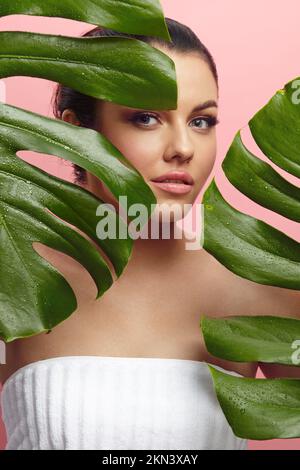Tropical Leaves of monstera on a pink duotone background Stock Photo ...