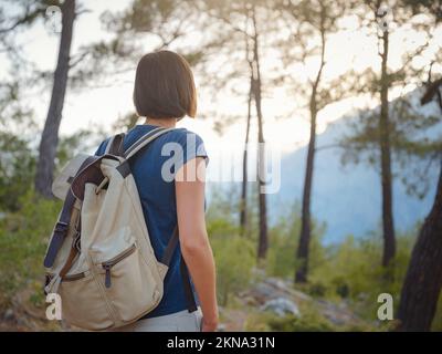 woman traveler walking by Lycian Way trail mountains in Turkey near ...
