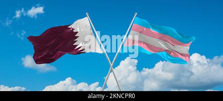 two crossed flags transgender Pride and Saudi Arabia waving in wind at ...