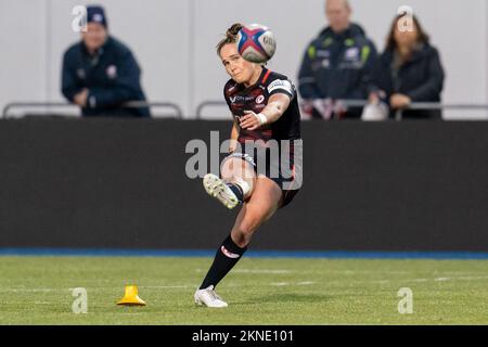 Flo Williams #10 of Saracens Women cleared the ball during the Women's ...