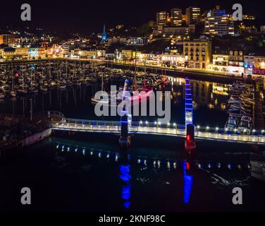 Night over Torquay Marina from a drone, English Riviera, Torbay, Devon ...