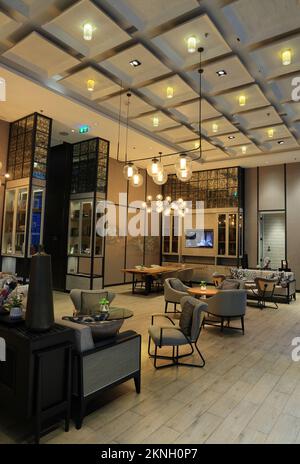 Cozy classic living zone, Lobby lounge for support customer in public ...