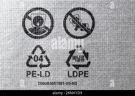 Plastic packaging symbols: warning to keep bags away from children, recycle icon, recyclable ...