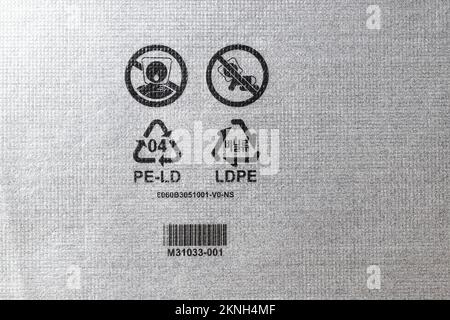 Plastic packaging symbols: warning to keep bags away from children, recycle icon, recyclable ...