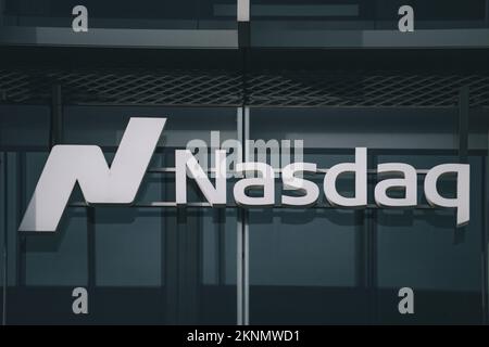 Nasdaq company logo sign on modern office in Vilnius, Lithuania, May 30 ...
