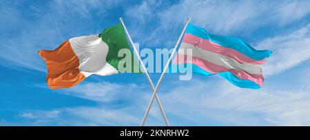 two crossed flags transgender Pride and Saudi Arabia waving in wind at ...