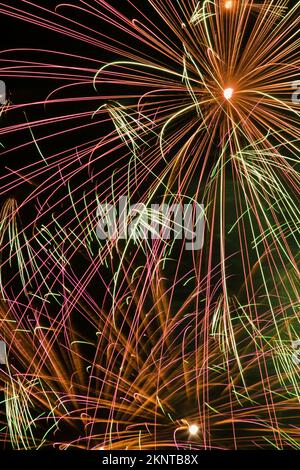 The vibrant purple and gold firework display lighting up the night sky ...