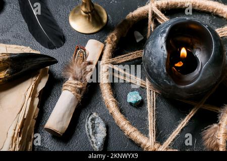 Magic attributes on dark table, top view Stock Photo - Alamy
