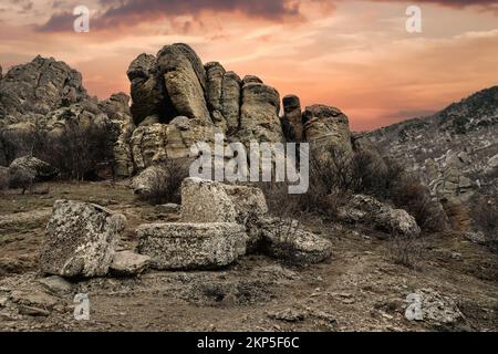 Bizarre rocks of Valley of ghosts on Mount Demerdzhi in early spring ...