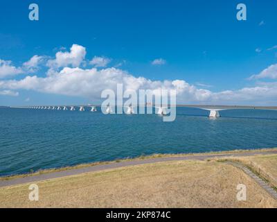 Aerial view of the Zeeland Bridge in the estuary Oosterschelde ...