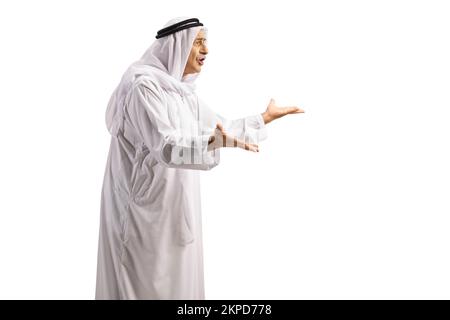 Profile shot of an angry mature man gesturing with finger isolated on ...